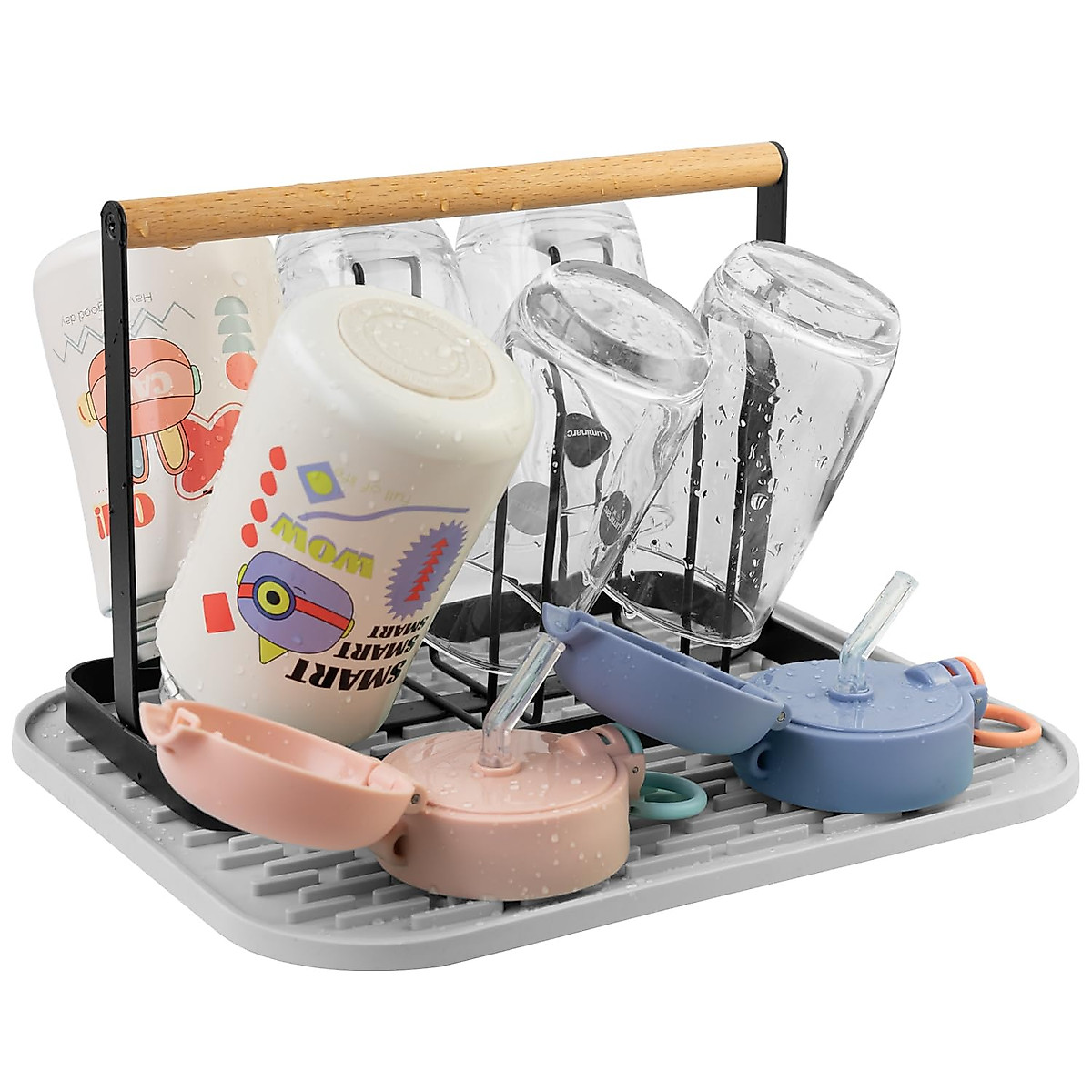 Mukkuri Cup Drying Rack Stand,Beer Glasses Rack 6 Cup Metal Drainer Holder Rack Non-Slip Mugs Cups Organizer with Wood Handle, Black