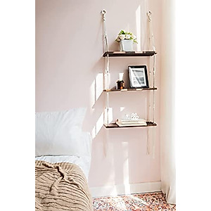 Mkono Macrame Wall Hanging Shelf 3 Tier Wood Floating Shelves with Cute Woven Rope Boho Room Decor Display Photos Plant Hanging Storage Shelves for Bathroom, Bedroom, Living Room, Nursery