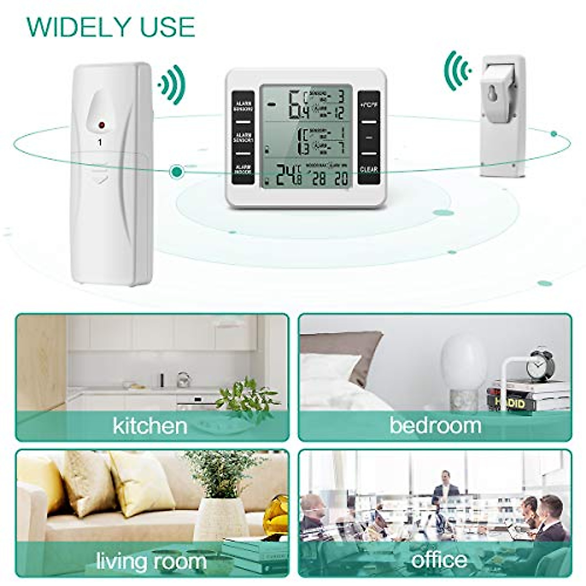 ORIA Refrigerator Thermometer, Wireless Digital Freezer Thermometer with 2 Wireless Sensors, Wireless Indoor Outdoor Thermometer, Audible Alarm, Min and Max Display, LCD Display for Home, Restaurants