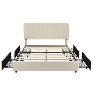 VECELO Queen Size Upholstered Bed Frame with 4 Drawers and Adjustable Headboard, Velvet Platform Storage Bedframe Mattress Foundation, Wooden Slats Support, No Box Spring Needed, Beige