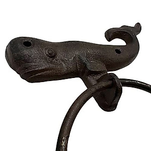 Cast Iron Nautical Whale Hand Towel Holder Ring, Wall Mounted Rings for Hanging Towels, Washcloths, and More, Rustic Coastal Bathroom Decor for Beach Houses, 8 Inches