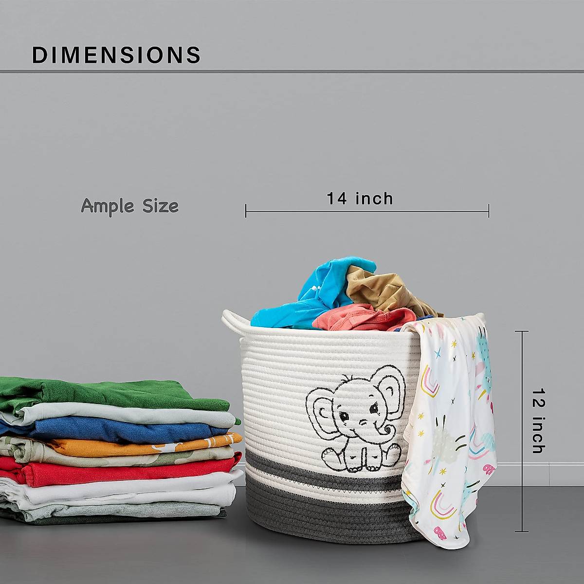 Rope Basket with Baby Elephant, Toy Storage, Nursery Storage, Blanket Storage, 14”x11”x12, White, Grey