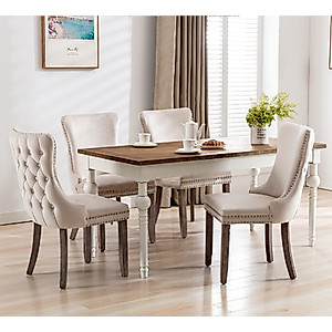 Rhomtree Set of 4 High-end Tufted Dining Chairs Modern Velvet Padded Chairs with Solid Wooden Legs Nailed Trim for Kitchen Dining Room Living Room (Beige, Set of 4)