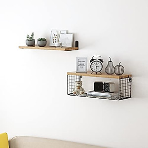Floating Shelves Wall Mounted, Rustic Wood Bathroom Shelves Over Toilet with Paper Storage Basket, Farmhouse Floating Shelf for Wall Decor, Bedroom/Living Room/Kitchen/Plants/Books/Set of 3