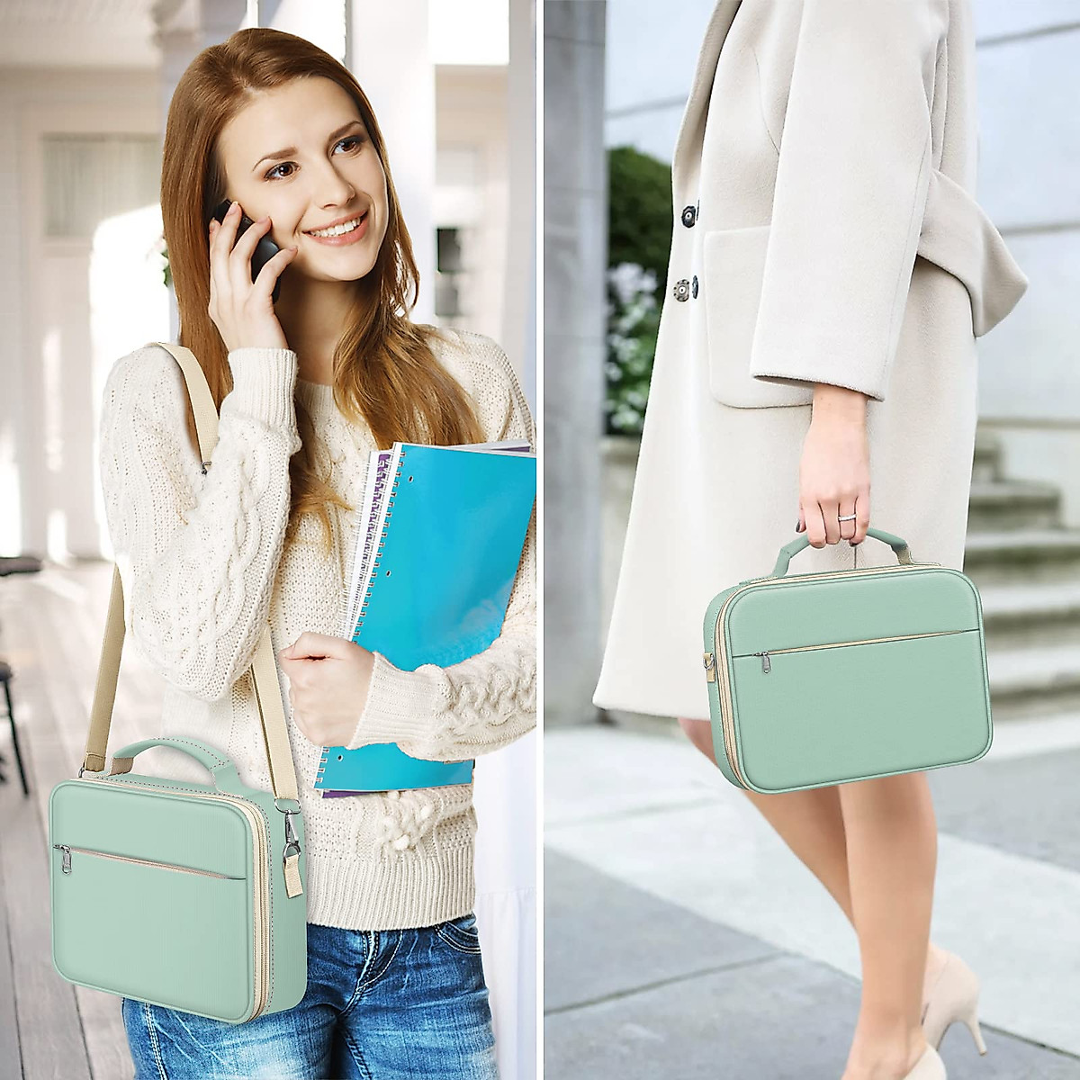 FINPAC Large Bible Cover w/Shoulder Strap, Carrying Book Case Church Bag Bible Protective w/Pen Slots and Zippered Pocket, Perfect Gift for Kids Girls Women (Light Green)