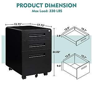 MIIIKO Mobile Filing Cabinet 3 Drawer, Rolling Small File Cabinet with Keys Under Desk, Modern Black Filing Cabinet for Home Office with Anti-tilt Wheels, A4/Letter/Legal Hanging File Drawers