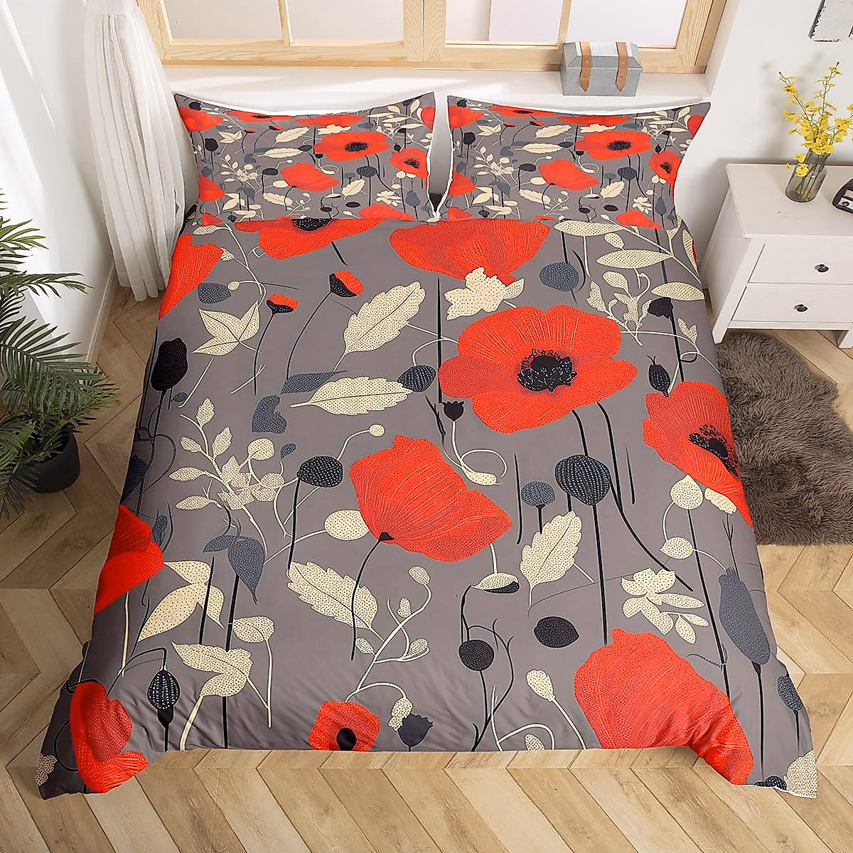 Feelyou Poppy Flower Bedding Set Queen Size Kids Garden Floral Bltanical Comforter Cover Set for Boys Girls Teens Red Poppy Leaves Duvet Cover Dark Grey Bedspread Cover (No Comforter)