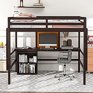 RORIGAT Full Size Loft Bed with Desk and Writing Board, Wooden Loft Bed Frame with Desk & 2 Drawers Cabinet for Kids Teens Adult, Espresso