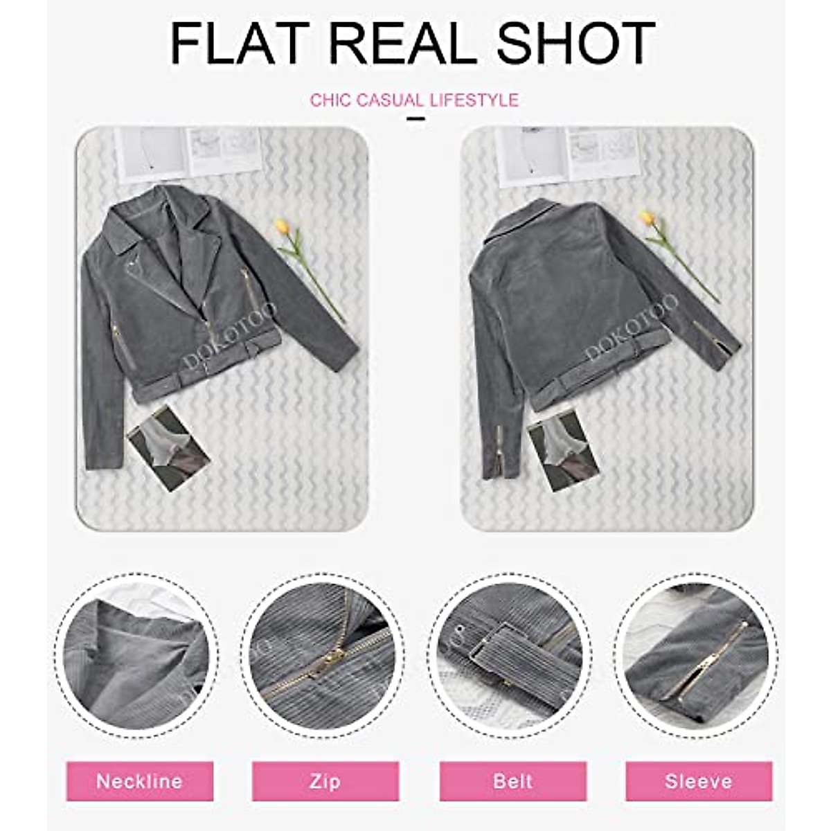 Dokotoo Motorcycle Jackets for Women Winter Fall Zip Up Collar Long Sleeve Zipper Corduroy Casual Fashion Blet Cropped Outerwear Gray Medium