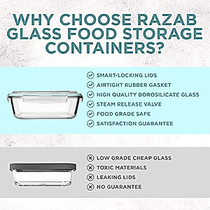 Razab 24 Pc Glass Food Storage Containers Airtight Lids Microwave/Oven/Freezer & Dishwasher Safe - Steam Release Valve BPA/ PVC-Free -Small & Large Reusable Round, Square & Rectangle Bento Containers