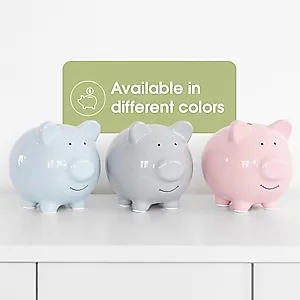 Pearhead Large Ceramic Piggy Bank, Ideal for Boys and Girls, Kids Money and Coin Bank, Perfect Baby Boy Nursery Décor, Great Gift and Newborn Keepsake, Solid Gray