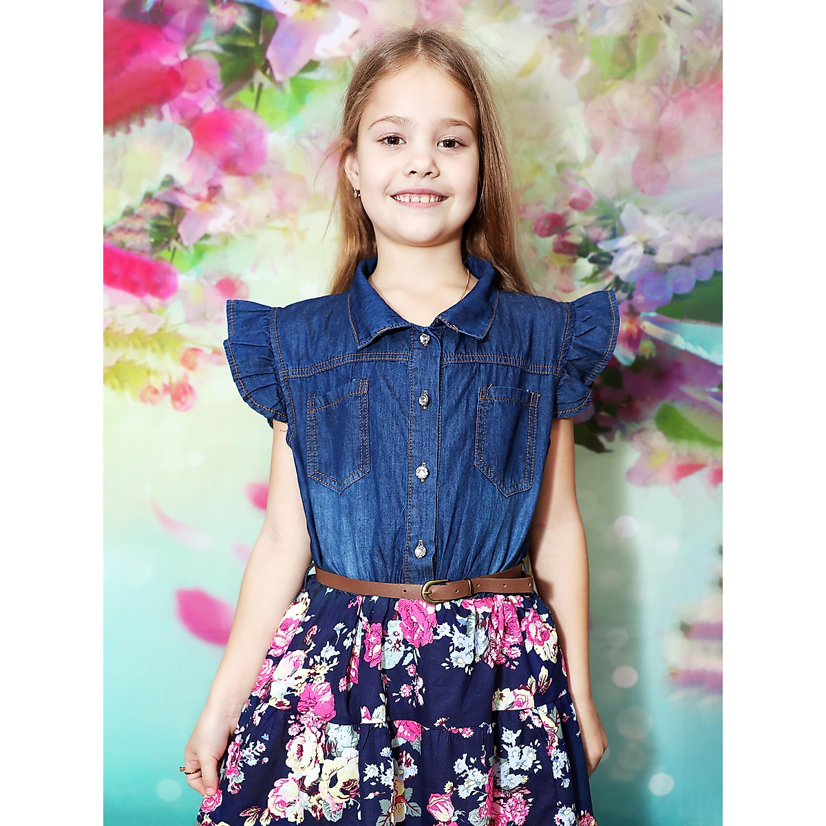 YJ.GWL Western Dress Girl, Denim Tops Flower Girl Dress, Princess Dresses for Girls, Girls Summer Dress Casual Outfits, Party Dresses Fashion Clothes for Girl 7-8 Years