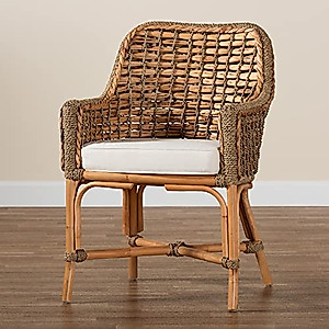 Baxton Studio Kyle Modern Bohemian Natural Brown Woven Rattan Dining Arm Chair with Cushion