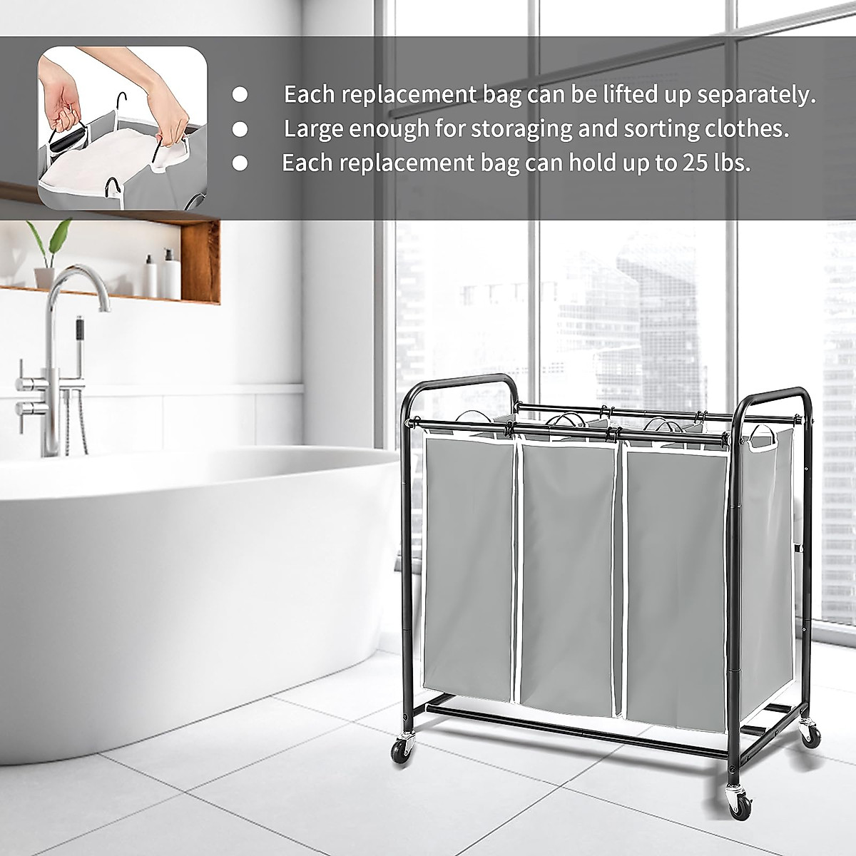 3 Bag Laundry Sorter Replacement Bags, Augot Large Hamper Cart Removable Replacement Bags with 6Pcs Carry Handle, Laundry Organizer Storage Replacement Bags 21“H×15“L×9”W （No Hangers ）