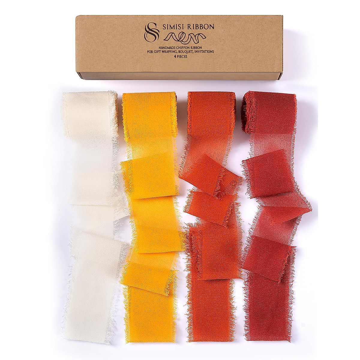 Fall Orange Chiffon Ribbon Handmade Frayed Fringe Sheer Boho Silk Ribbons for Gift Wrapping, Floral, Wedding Invitations, Bouquet, 1-1/2'' 5 Yards*4 Rolls