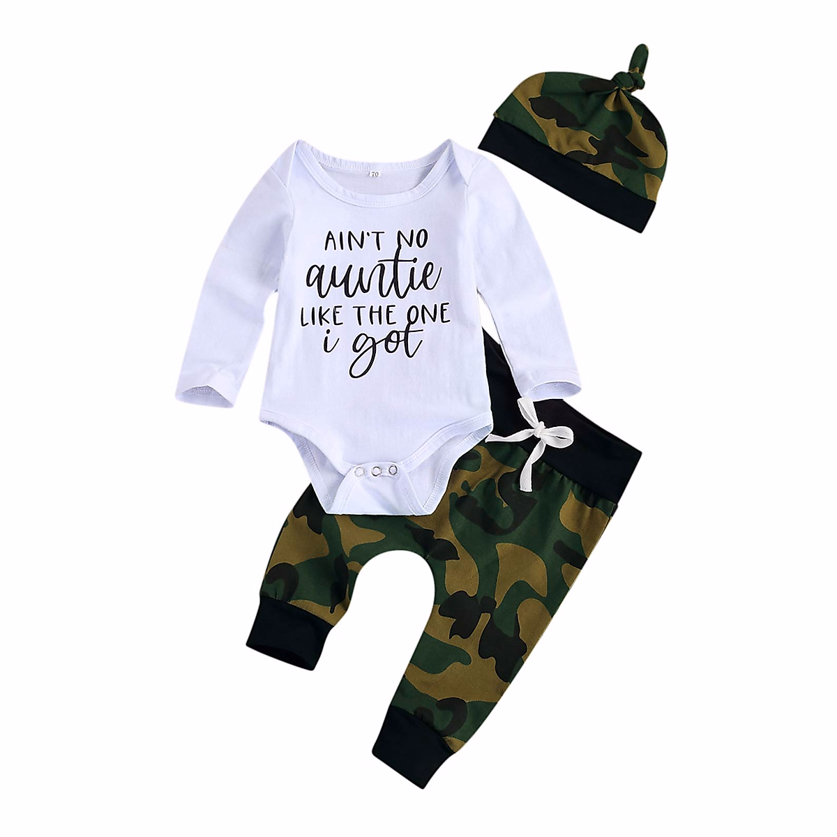 Madjtlqy Aint No Auntie Like The One I Get Baby Boy Clothes Aunties Sayings Bodysuits Camouflage Pants+Hats Romper Set
