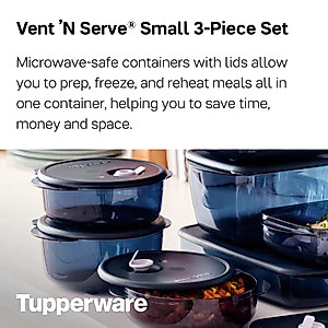Tupperware Brand Vent ‘N Serve Container Set - 3 Small Round Containers to Prep, Freeze & Reheat Meals + Lids - Dishwasher, Microwave & Freezer Safe - BPA Free