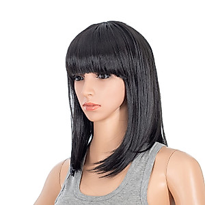 SWACC Short Straight Bob Wig with Bangs Synthetic Colorful Cosplay Daily Party Flapper Wig for Women with Wig Cap (Black-1B)