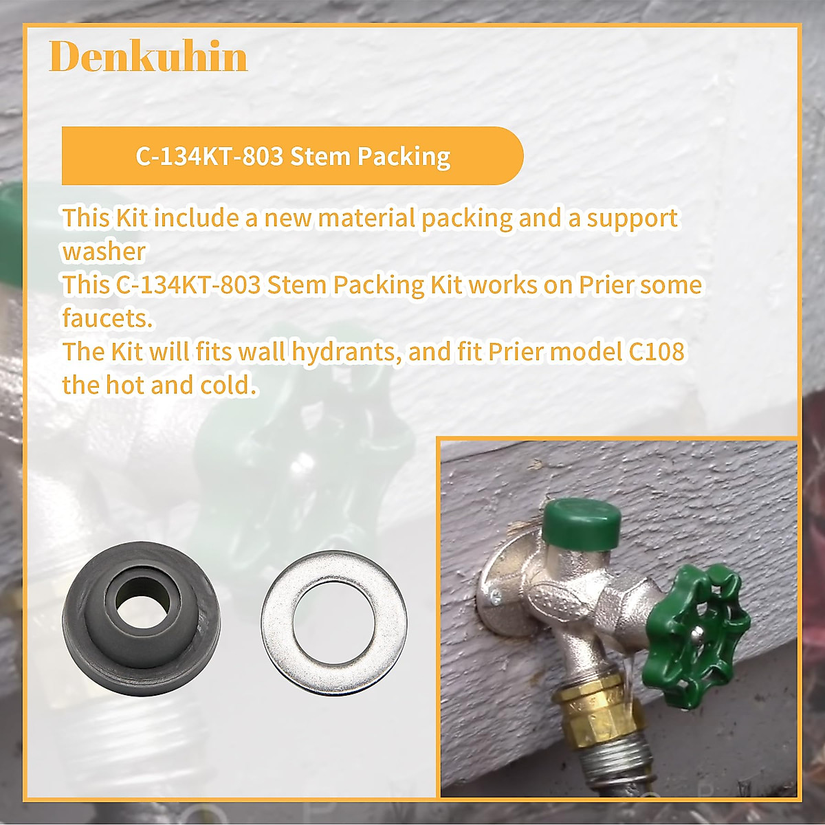 Denkuhin C-134KT-803 Stem Packing Kit Compatible with Wall Hydrant & Prier Model C108 hot and Cold, Replacement for Prier C-134/135/144/154-2 Packs