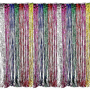Adorox (2 pc Metallic Rainbow) Metallic Silver Gold Rainbow Photo Backdrop Foil Fringe Curtains Party Wedding Event Decoration