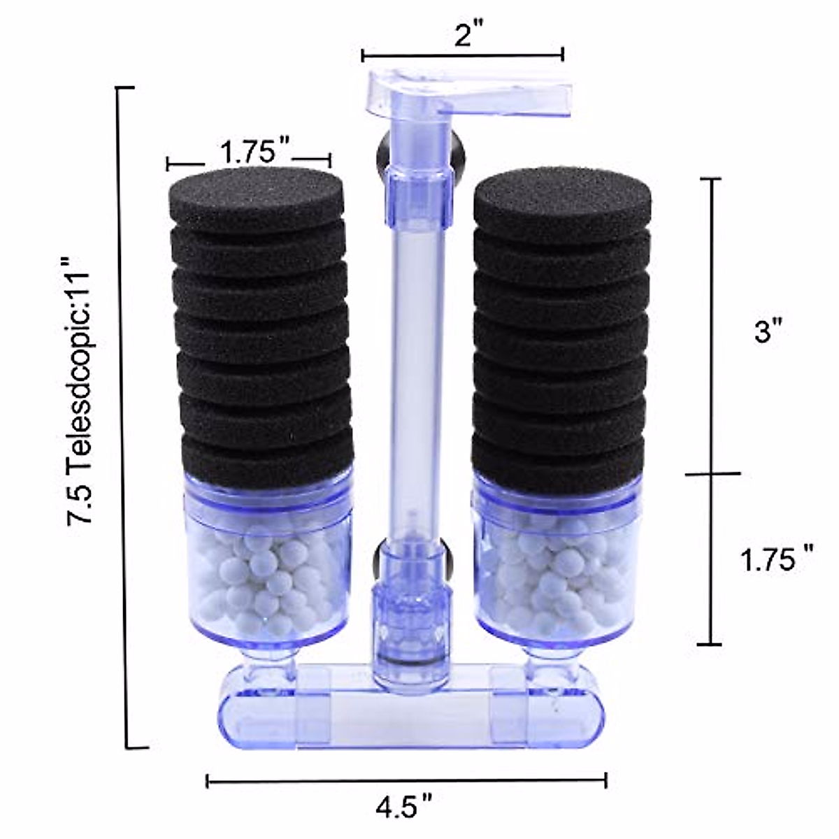 AQUANEAT Double Bio Sponge Filter, Quiet Aquarium Filter with Ceramic Media Balls, Airline Tubing and Valves Air Pump Driven, for Betta Fry Shrimp Tank (Small Up to 20 Gal)