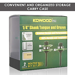KOWOOD Pro Tongue and Groove Set of 2 Pieces 1/4 Inch Shank Router Bit Set 3 Teeth Adjustable T Shape Wood Milling Cutter