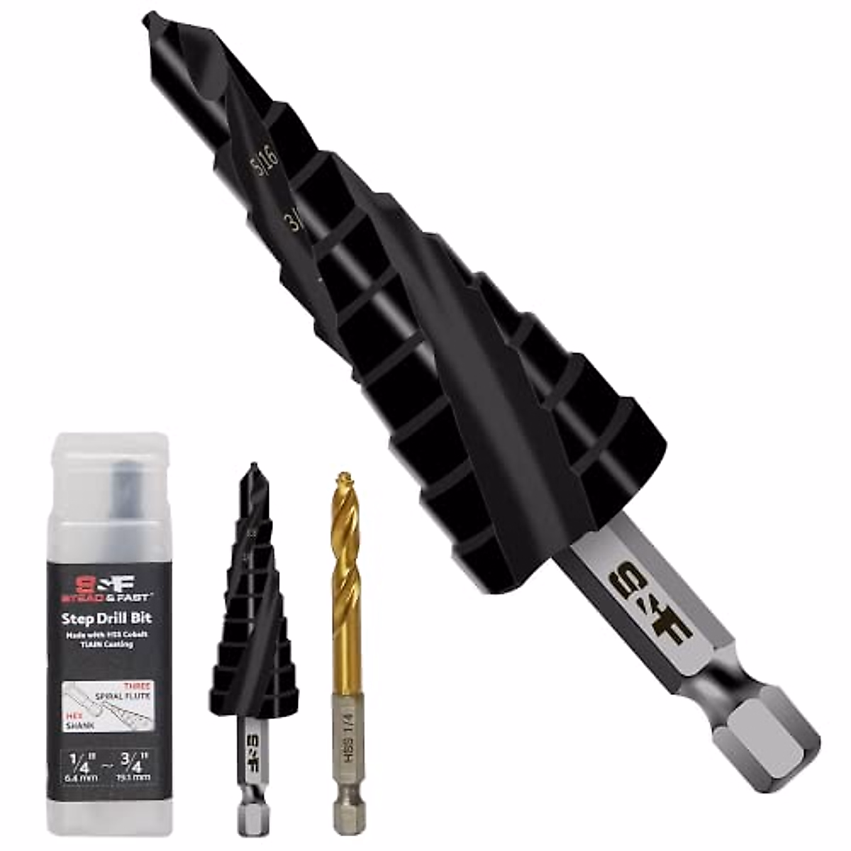 S&F STEAD & FAST Cobalt Step Drill Bit for Metal, Three Spiral Flute, 1/4"-3/4", 1 pc, Heavy Duty Unibit, 1/4" Hex Shank, HSS M35 Steel Step Bit for Sheet Metal, Stainless Steel, Aluminum