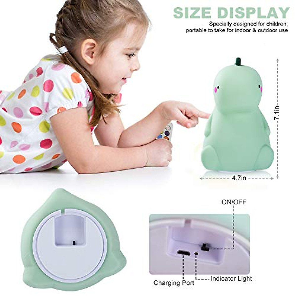 ILUBUTO Dinosaur Night Light for Kids, Cute Lamp Silicone Baby Night Light, Color Changing LED Silicone Night Light with Touch Sensor, Gifts for Kids/Children/Toddler/Girls/Boys (Green)