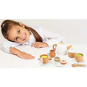 Small Foot Wooden Toys-Premium 17 Piece Toy Tea Playset- Deluxe Play Pretend Food Set includes Tea Pot, Cookies, Plates and Teacup-Ideal for Toddlers 3+