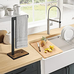 ELITEROO Hand Towel Holder for Bathroom, Hand Towel Stand with Wood Base, L-Shape Hand Towel Rack for Vanity Countertop, Kitchen Counter, Rustic Black and Brown