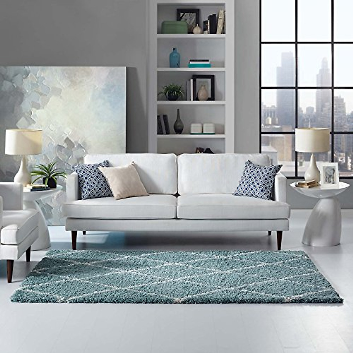 Modway Toryn Diamond Trellis 5x8 High Pile Shag Area Rug With Lattice Design In Aqua Blue and Ivory