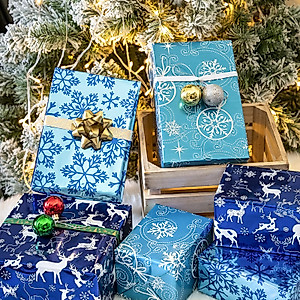 MAYPLUSS Christmas Wrapping Paper Roll - Mini Roll - 17 inch X 120 inch Per roll - 3 Different Blue Design with Glitter Metallic Foil Shine (42.3 sq.ft.ttl)