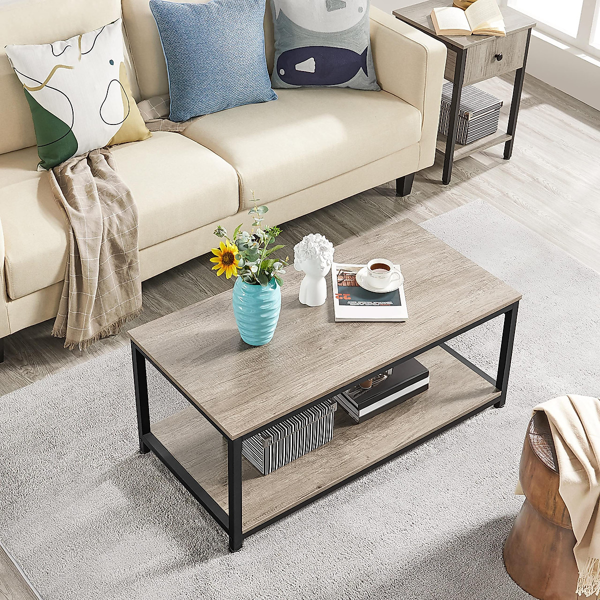 Yaheetech Coffee Table Tea Table with Metal Frame, Coffee Table with Open Storage Shelf, Vintage Accent Furniture Table for Living Room