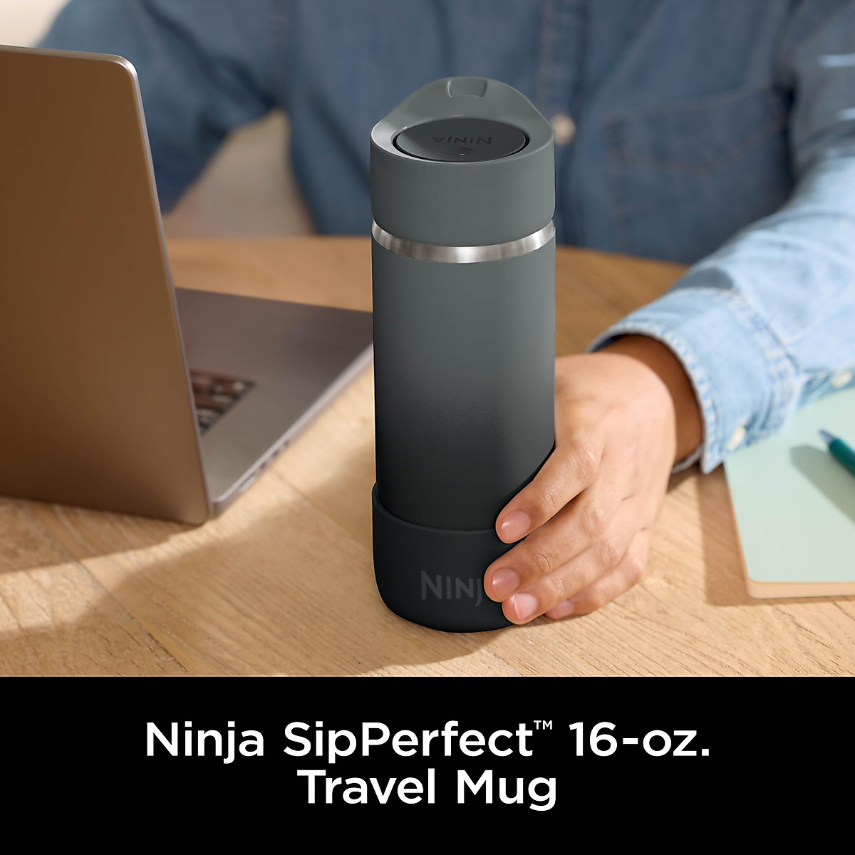Ninja, Travel Mug, Sip Perfect 16oz, Brings Hot Drinks to Sippable Temperature in Minutes, Stainless Steel, Leak Proof, Dishwasher Safe, Metal Insulated Tumbler, Onyx Black, DW1603BK