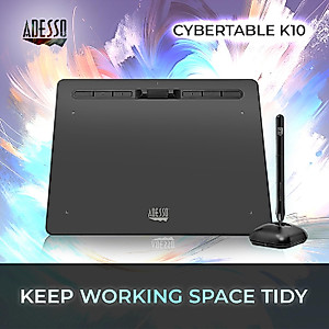 Adesso Large Graphics Drawing Tablet Pad 10 x 6 Inch 8192 Levels Battery-Free Pen, 6 Customizable Keys with Scroll Wheels, Compatible with PC/Mac/Android OS for Painting, Design & Online Teaching