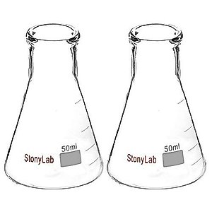 StonyLab 2-Pack Glass 50ml Heavy Wall Narrow Mouth Erlenmeyer Flasks with Heavy Duty Rim - (50ml Fits with StonyLab 4# Rubber Stopper)