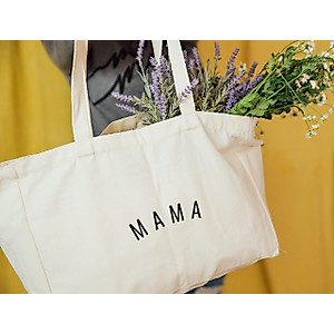 Sunflower Motherhood Mom Hospital Bag | Mama Canvas Tote Bag With Six Pocket Organization | Cute Tote Bags For Baby Shower Gifts For Mom | Mommy Bag for Hospital or Diaper Bag