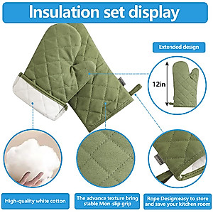 Oven Mitts and Pot Holders 4 pcs Set,High Heat Resistant 500 Degree Extra Thicken Long Kitchen Cotton Oven Glove for Cooking (12 Inch,Green)
