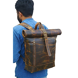 Satchel And Fable Men Leather Vintage Roll on Laptop Backpack Rucksack Bag Brown
