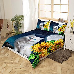 Cute Cat Duvet Cover Set Twin Size,Starry Sky Moon Night Comforter Cover Sunflower Bedding Set 2Pcs for Kids Girls Boys Woman Room Decor,Lovely Pet Animals and Plants Quilt Cover,1 Pillowcase