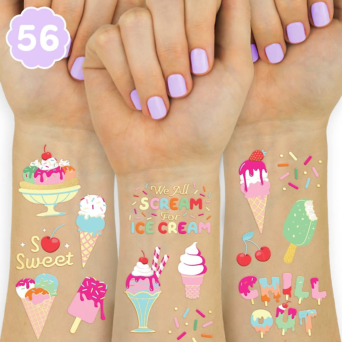 xo, Fetti Ice Cream Birthday Party Temporary Tattoos for Kids - 56 Glitter Styles | Dessert, Sweet Baby Shower Party Supplies, Arts and Crafts