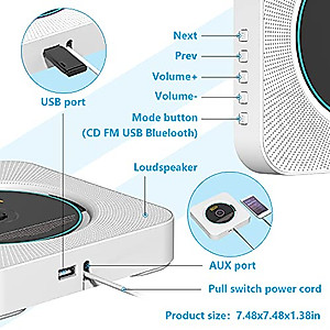 AONCO Portable CD Player,Bluetooth Wall-Mounted CD Music Player Home Audio Speaker,with Remote Control FM Radio Built-in HiFi Speaker,MP3 Headphone Jack Aux Out,White