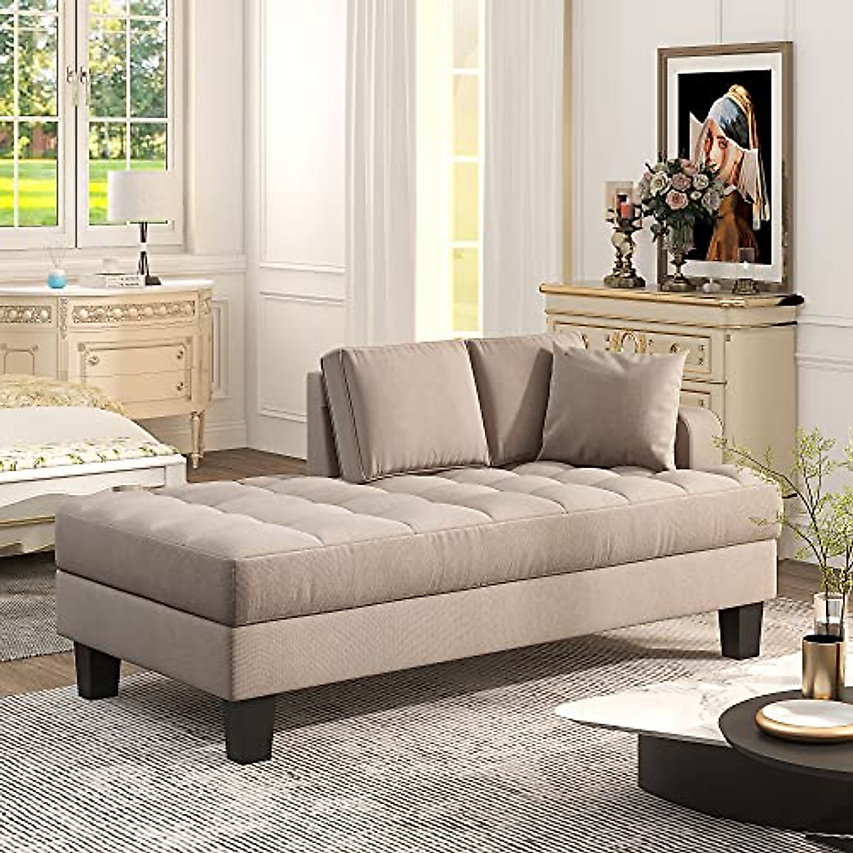Merax 64" Modern Tufted Chaise Lounge with Toss Pillow Soft Linen Loveseat Sofa for Livingroom Bedroom Office Warm Grey Love Seats, 6431.533"(LDH)
