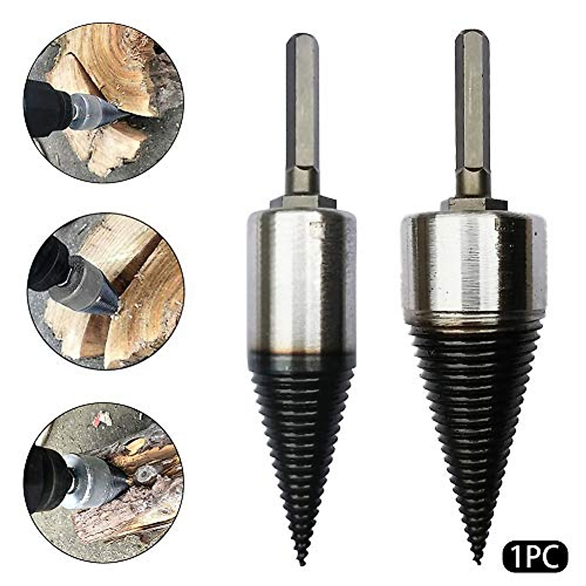 32/42mm Wood Splitting Drill Bit, Black Carbon Steel Hex Shank Screw Splitting Cone Twist Firewood Drill Bit, for Family, Outdoor, Camping, Farm (42mm)