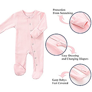 KISBINI Baby Footed Pajamas with Mitten Cuffs Unisex Cotton Snap-up Romper Jumpsuit Sleep and Play 0-12 Months Footies