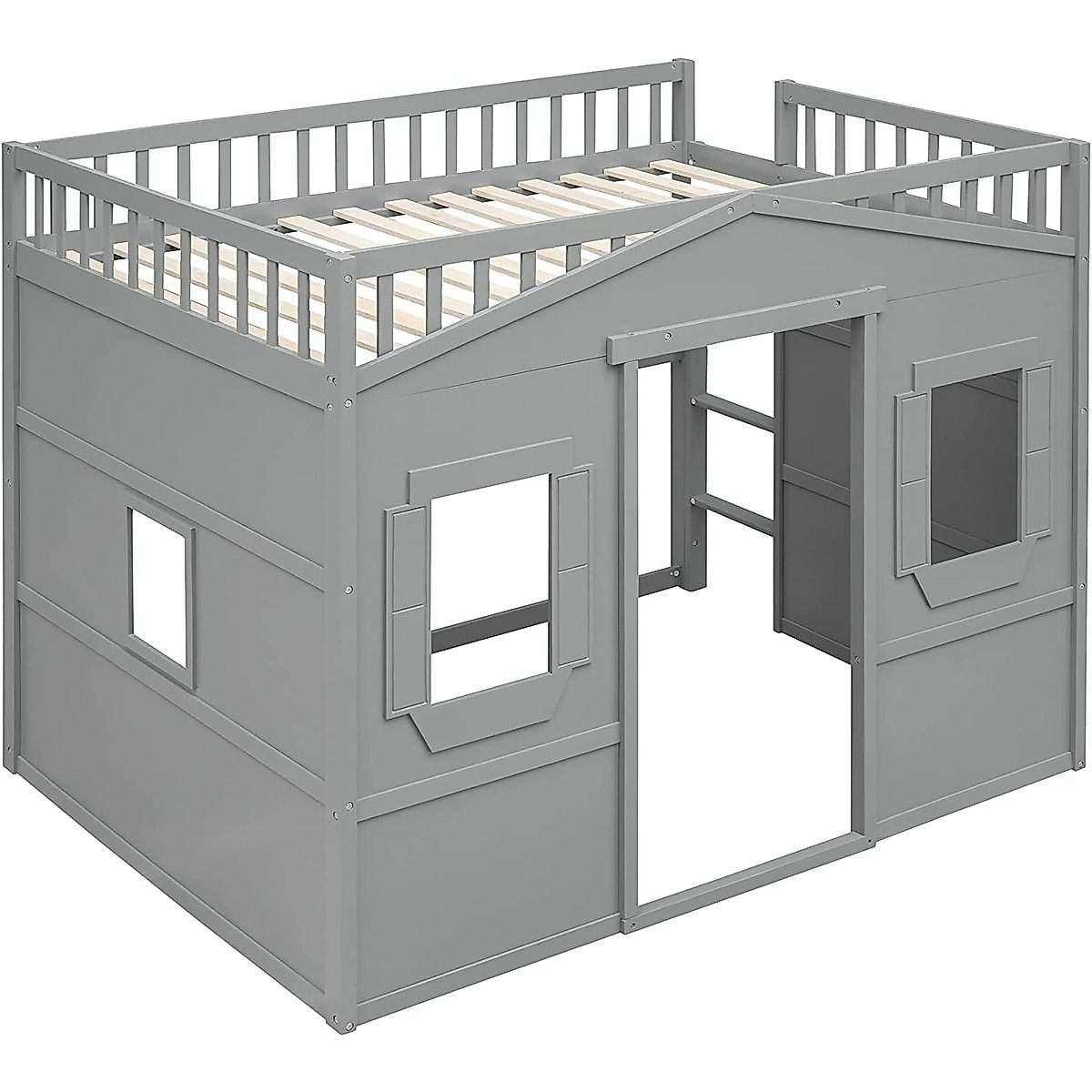 DNYN Full Size House Loft Bed for Kids Bedroom,Solid Wood Bedframe with Ladder & Safety Guardrail,Underneath Play-House Design & No Box Spring Needed,Easy Assembly,77.5" x 57.8" x 65", Gray