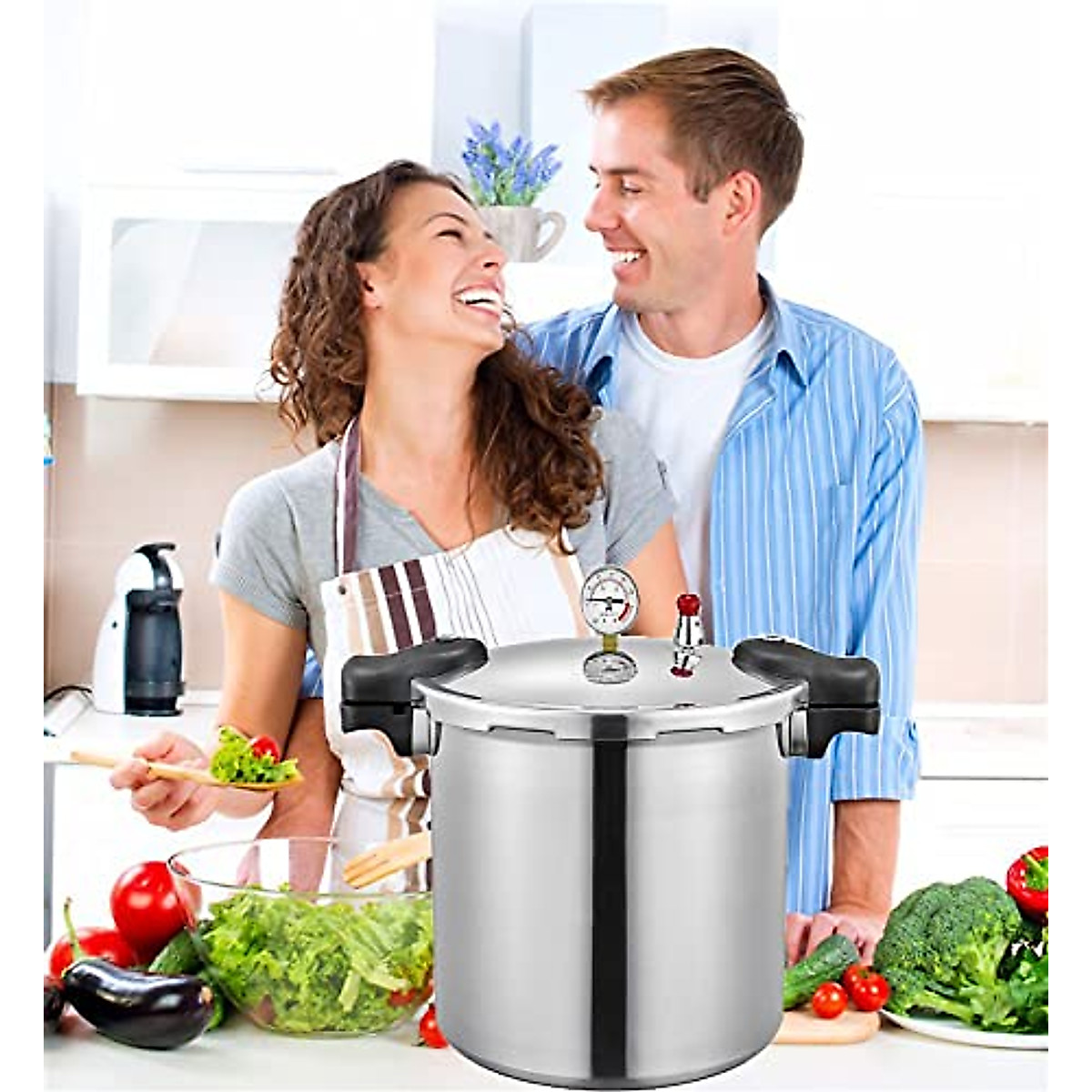 25quart pressure canner cooker and cooker with cooking rack canning pressure cooker with gauge Explosion proof safety valve Extra-large size great for big canning jobs,Induction cooker can sense