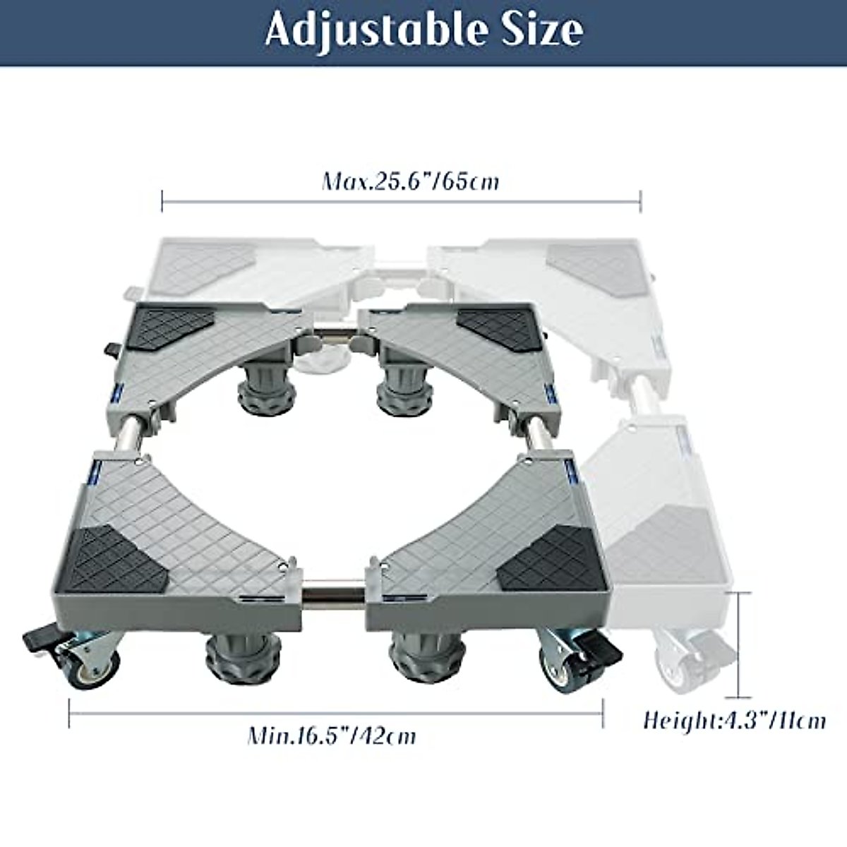 MYFULLY Adjustable Movable Furniture Dolly Roller Base with 4×2 Locking Rubber Swivel Wheels and 4 Strong Feet, Multi-Functional Mobile Stand for Dryer, Washing Machine and Refrigerator (Grey)