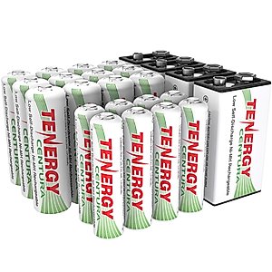 Tenergy Centura Low Self Discharge NiMH Rechargeable Battery Combo, Includes 12xAA 8xAAA 4x9V Rechargeable Batteries, 24 Pack