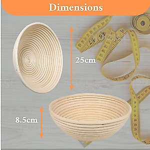 T & T HOME Handmade Banneton Bread Proofing Basket Set, 2 Round 10 Inch Baskets with Linen Liner, Dough Scraper, Bread Lame, Measuring Cup and Spoon, Sourdough Baking Starter Kit